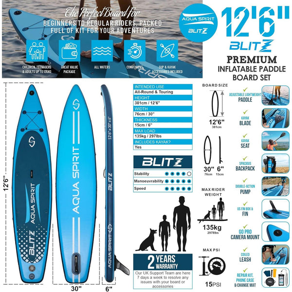 AQUA SPIRIT Blitz 12'6" PREMIUM iSUP Inflatable Stand up Paddle Board – Aqua Spirit iSUPs UK