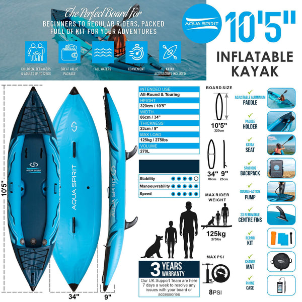 Aqua Spirit Inflatable Kayak, 2-Seater/1-Seater Complete Kayak Kit wit ...